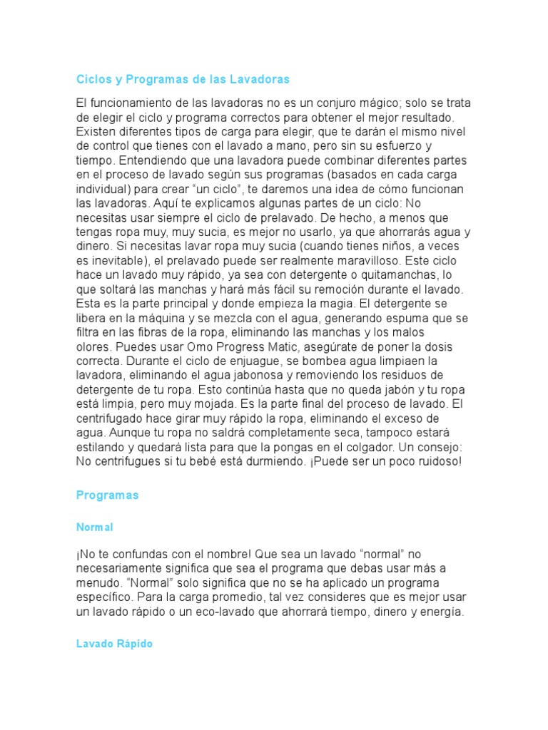 Ciclos y Programas de Las Lavadoras | PDF | Detergente | Lavadora
