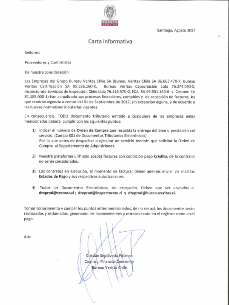 Carta Informativa para Proceso de Facturacion | PDF
