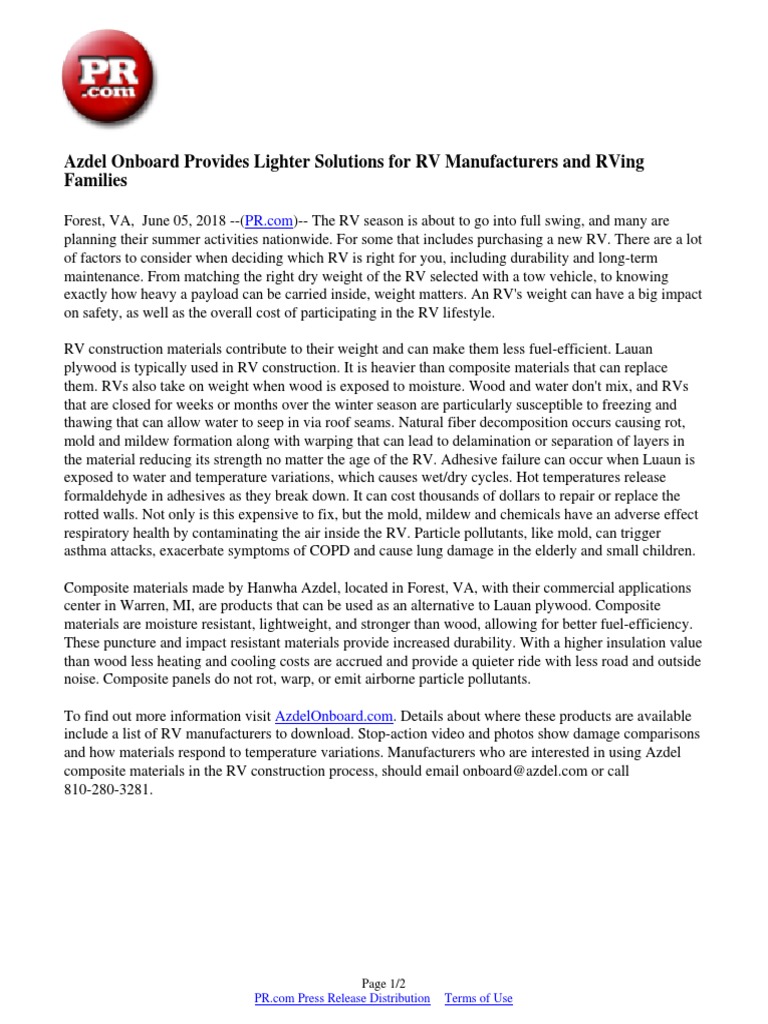 Azdel Onboard Provides Lighter Solutions For RV Manufacturers and RVing ...