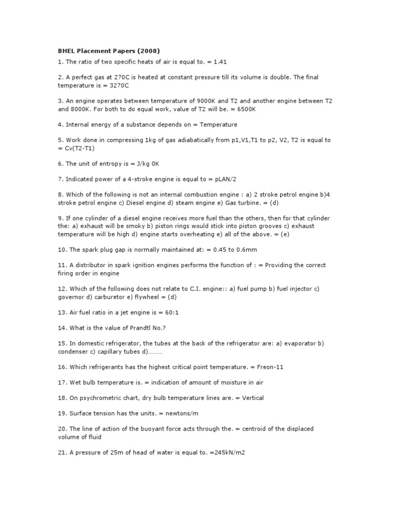 BHEL Placement Papers | PDF | Internal Combustion Engine | Chemical Reactor
