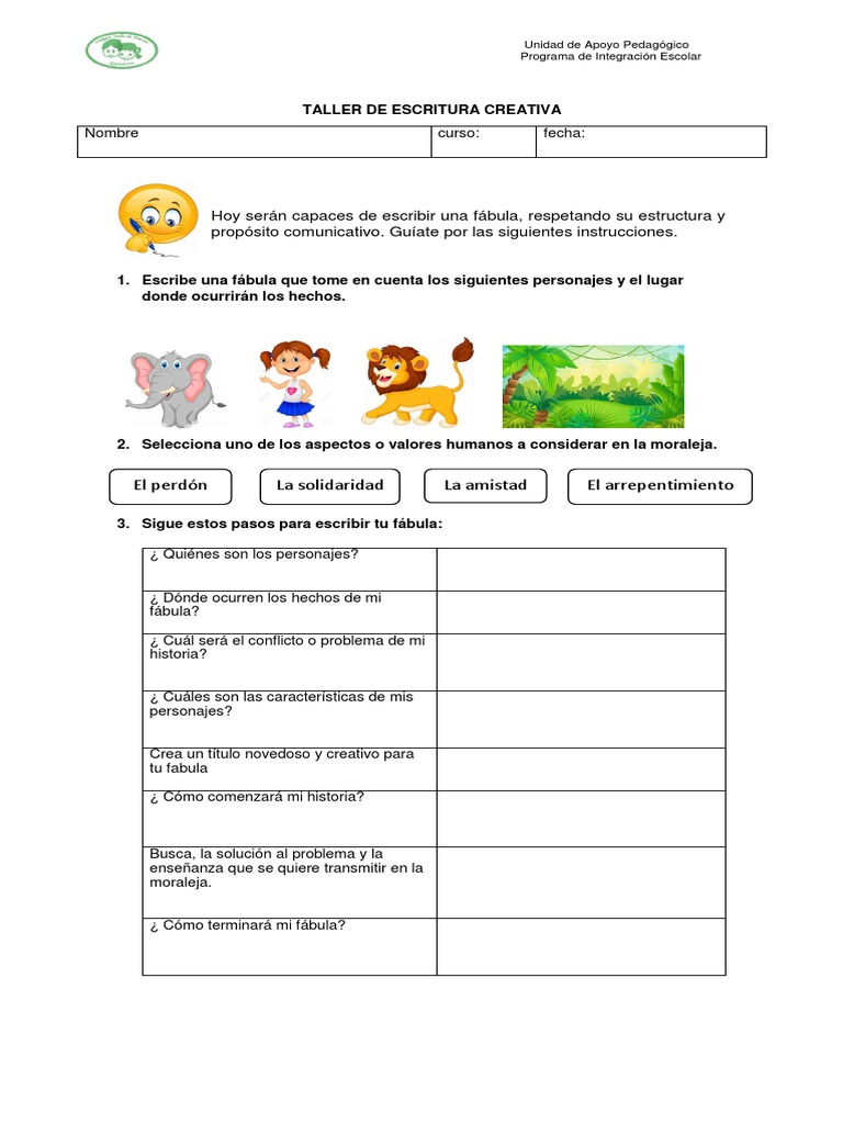 Taller de escritura creativa: Creando fábulas con valores | PDF ...