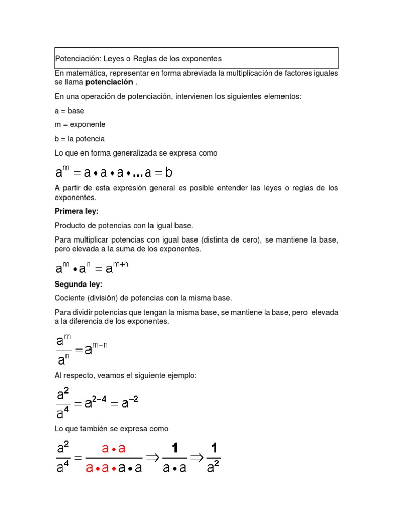 Leyes y reglas fundamentales de los exponentes | PDF | Exponenciación ...