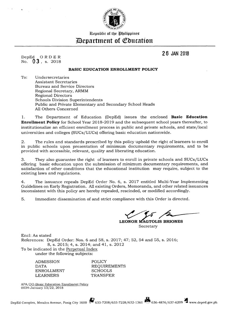 DepEd Order 03 S 2018 - Basic Education Enrollment Policy PDF | PDF