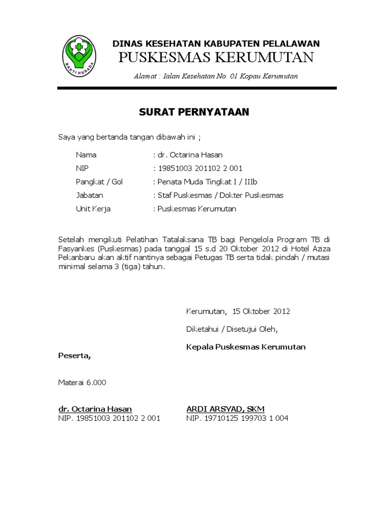 Contoh Surat Pernyataan Upk 15-20 Okt 2012 | PDF