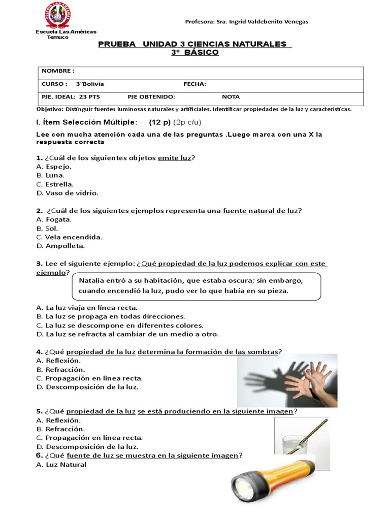 Prueba Cs - Nat Unidad 3 | PDF | Refracción | Ligero