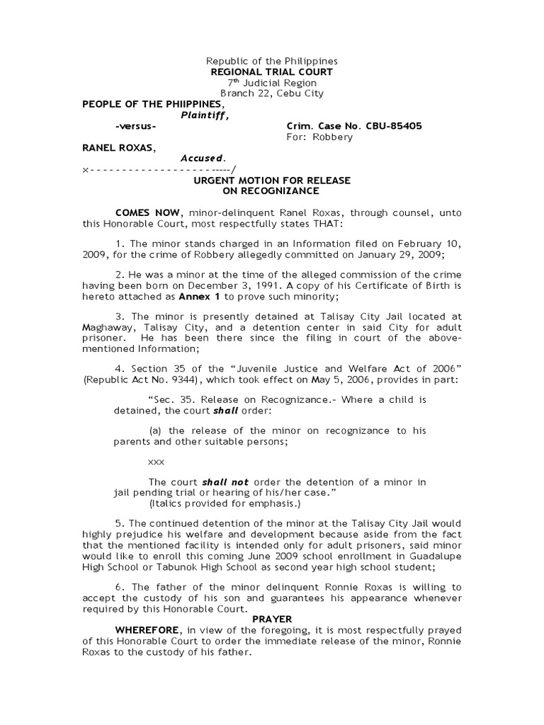Release On Recognizance - Ebarita | PDF | Minor (Law) | Prison