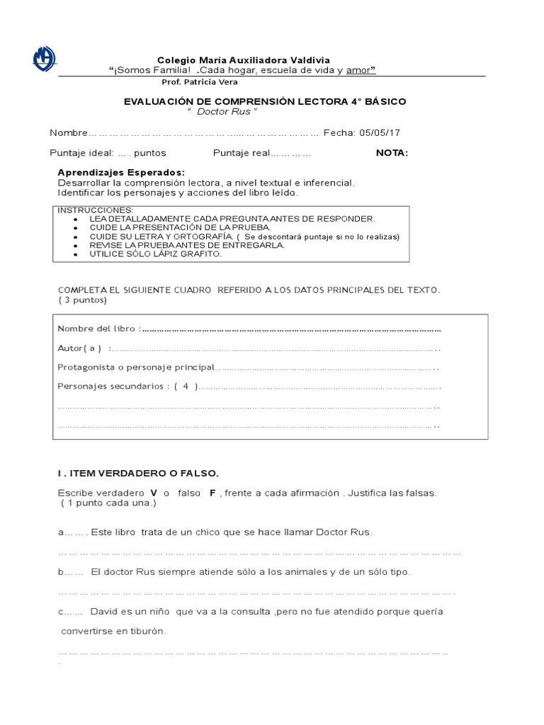 Evaluación Doctor Rus 4° Básico | PDF | Comprensión lectora