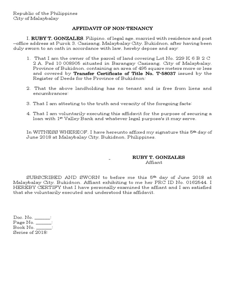 Affidavit of Non Tenancy Gonzales