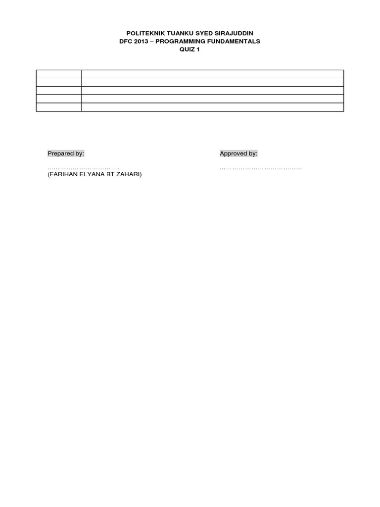 Programming Fundamentals Quiz 1 | PDF