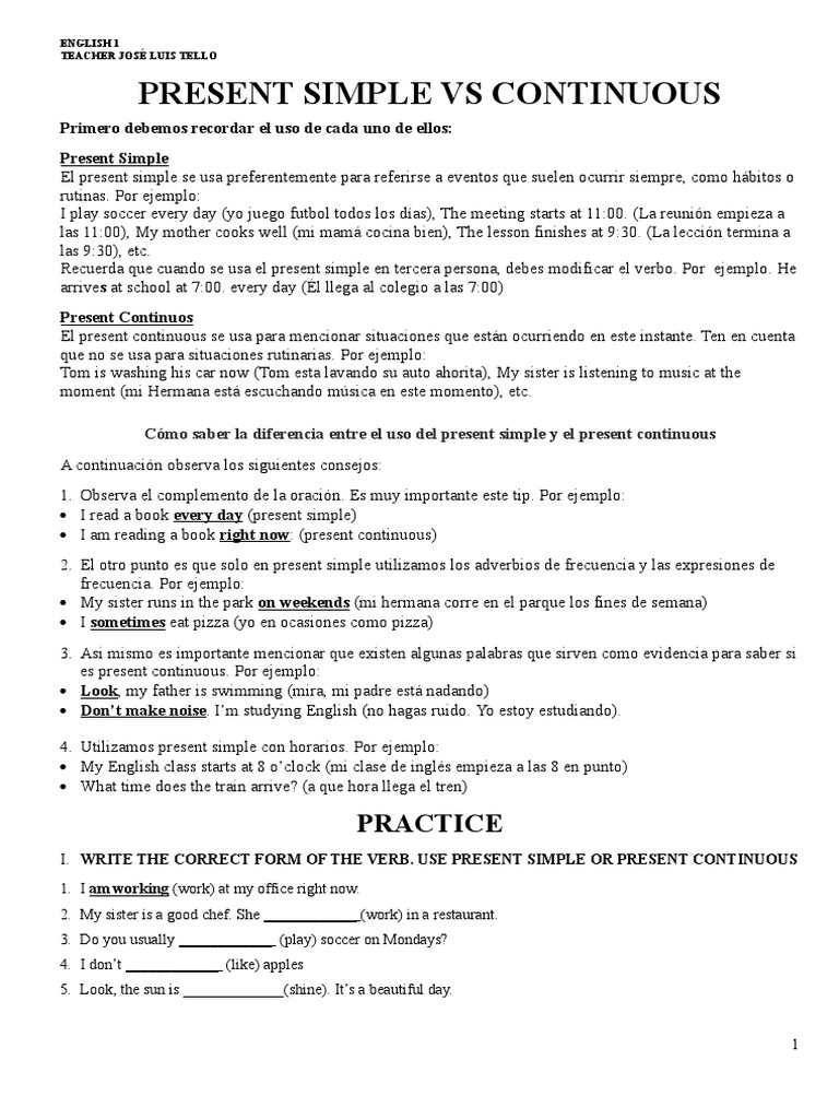 Present Simple Vs Continuous-Teoria | PDF
