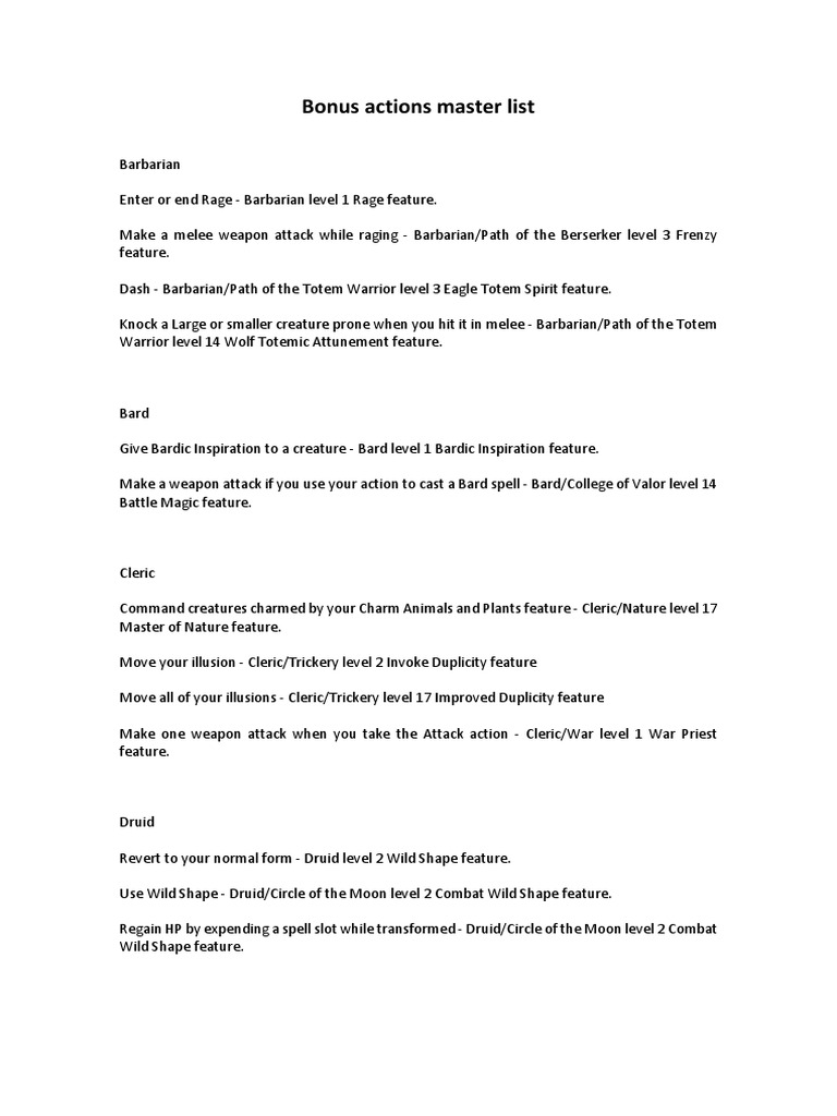 Bonus Actions Master List | PDF | Fantasy Role Playing Games | Tsr ...