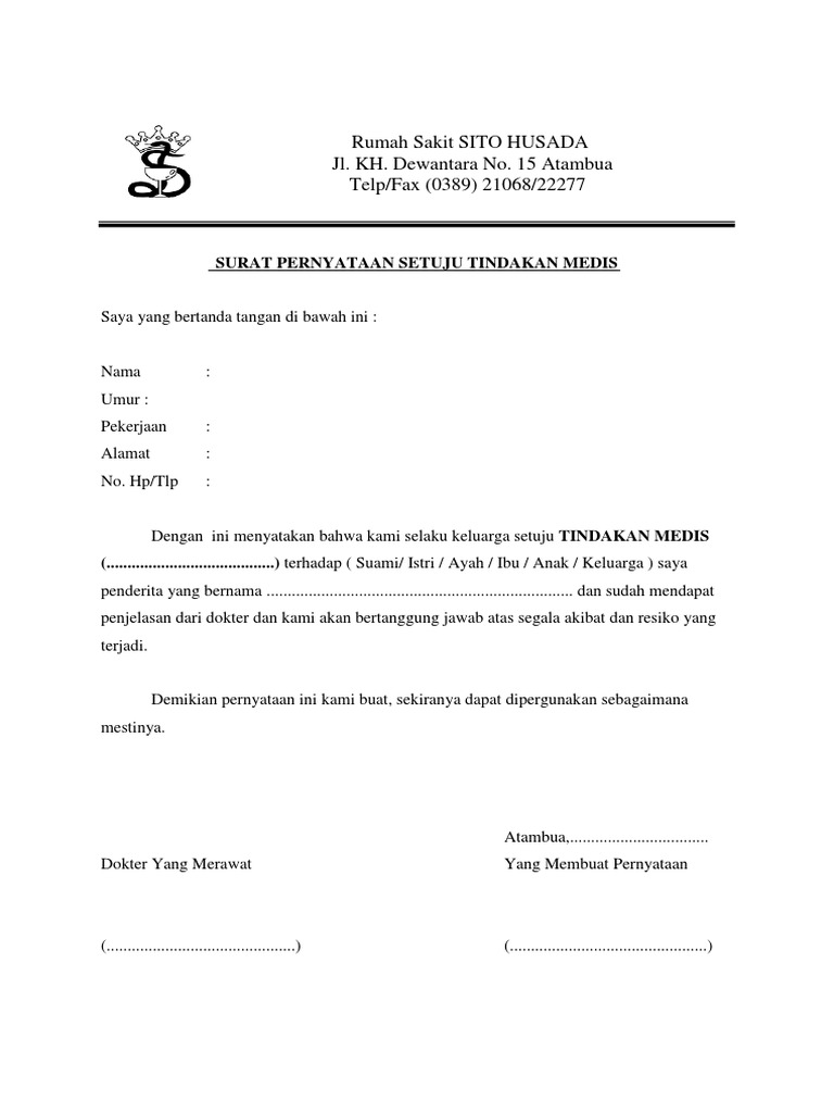 Surat Pernyataan Setuju Tindakan Medis | PDF