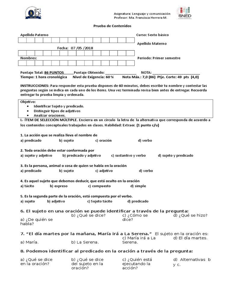 Ejercicios de Sujeto y Predicado 6° Primaria | PDF | Asunto (gramática ...