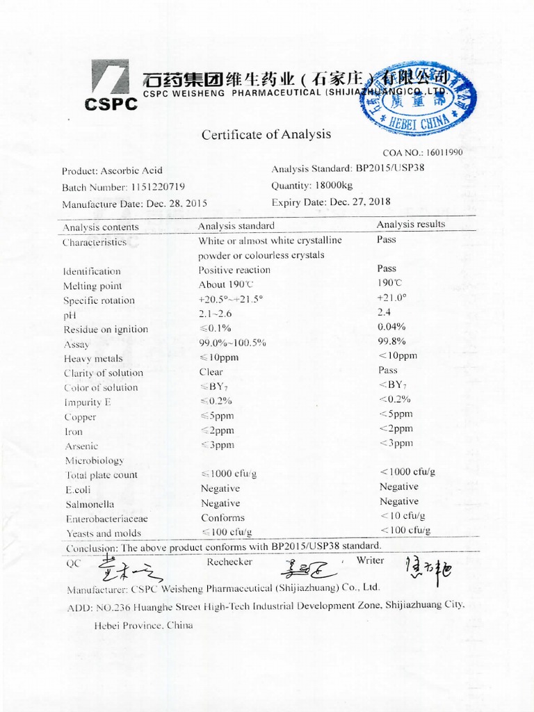 Ascorbic Acid 1151220719 COA - CSPC | PDF