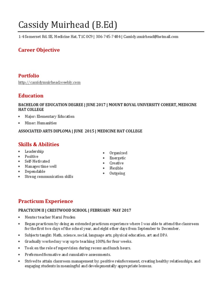Cassidy Muirhead Professional Resume | PDF | Day Care | Teachers