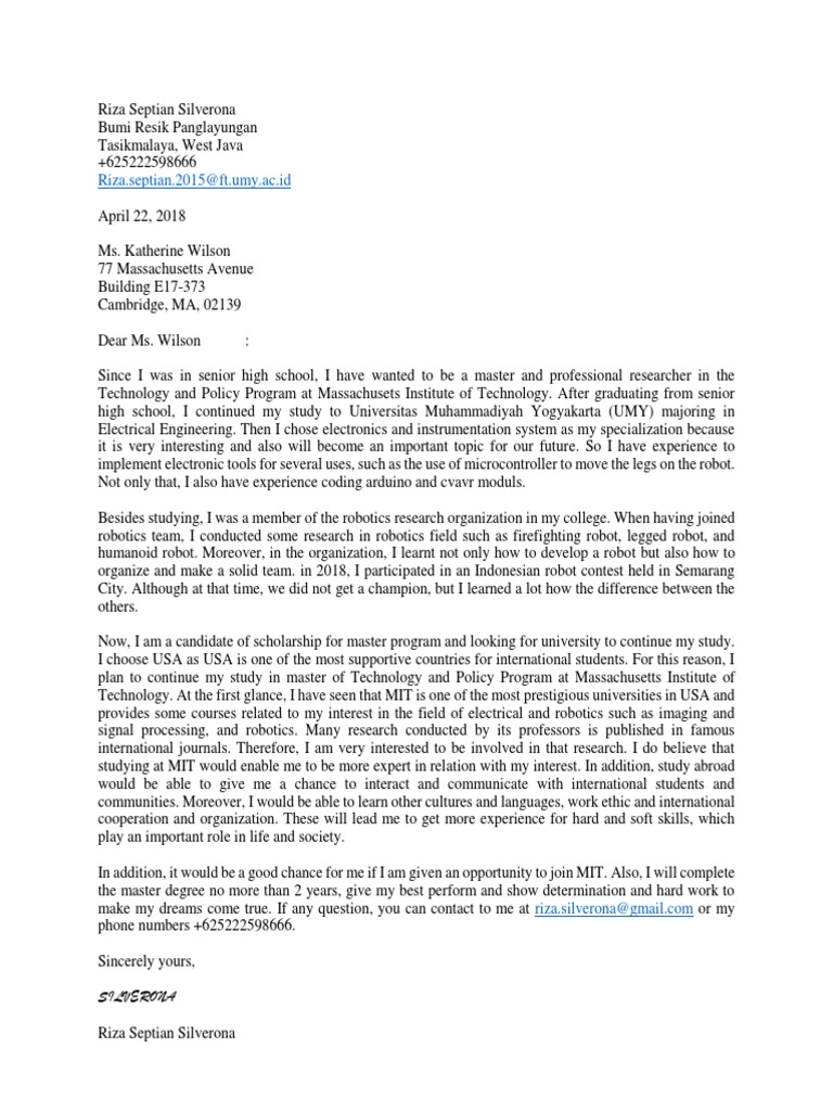 Riza Septian Silverona Cover Letter for MIT Masters Program | PDF ...