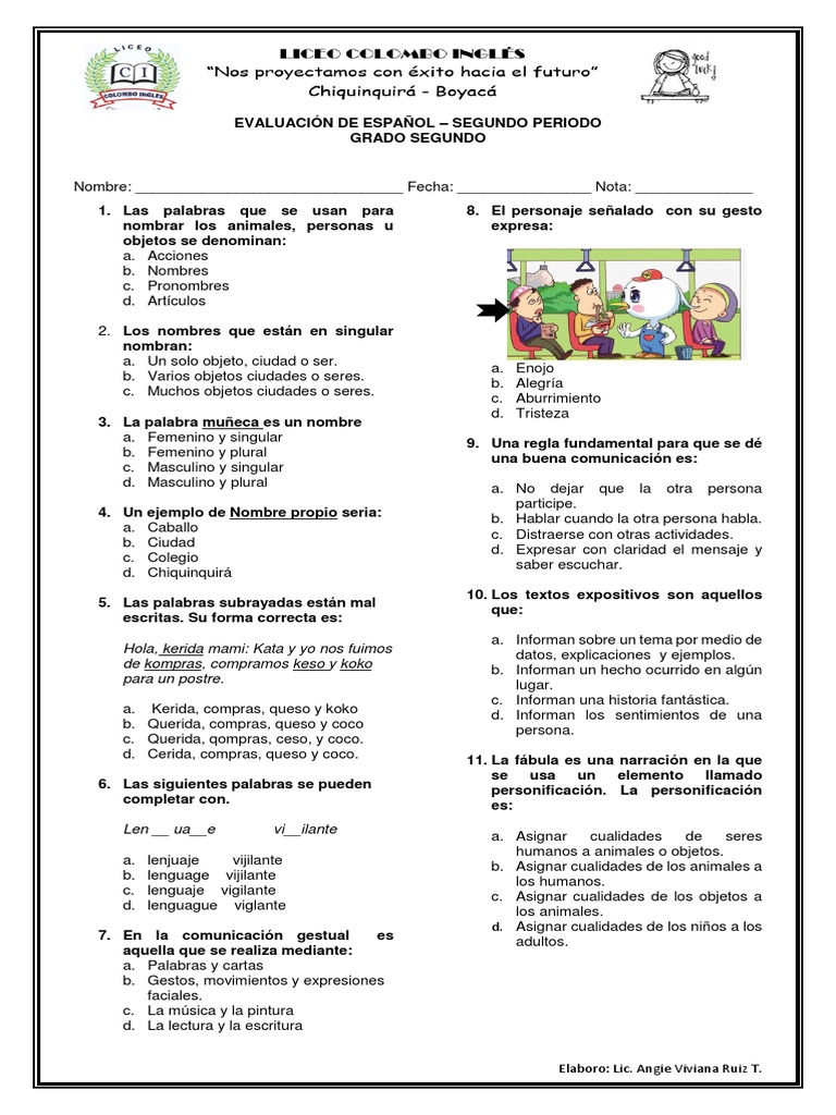 Evaluación de Español - Segundo Periodo | Palabra | Comunicación