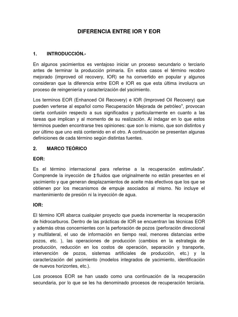 Diferencias y Conclusiones IOR y EOR | PDF | Petróleo | Naturaleza