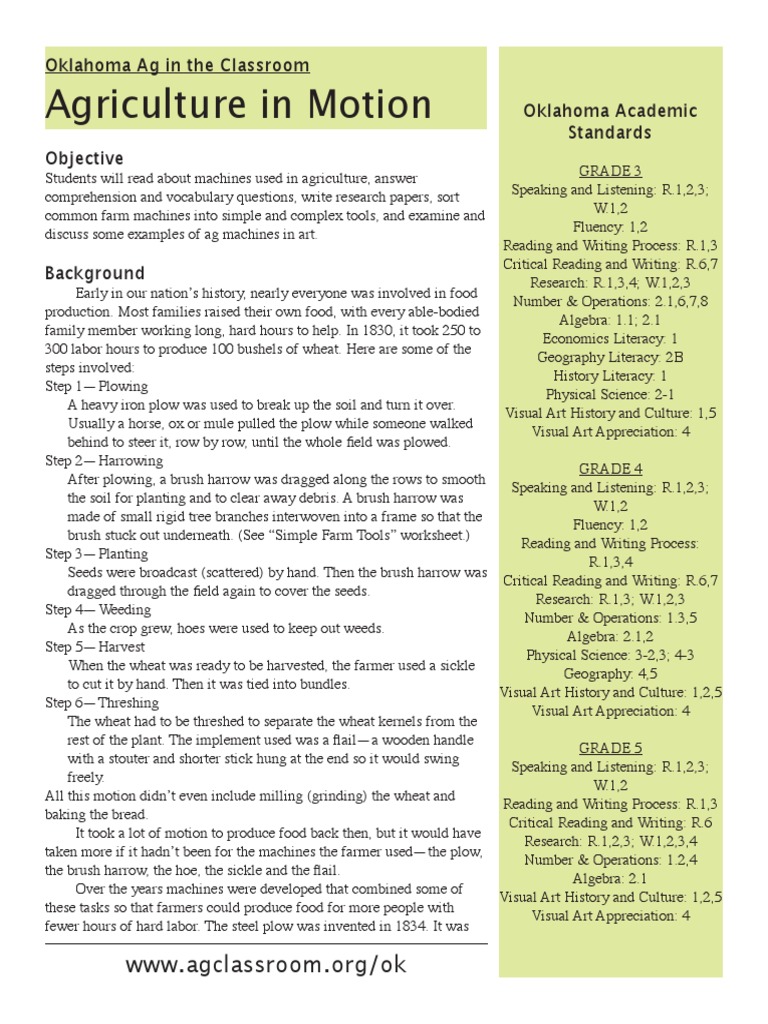 Agriculture in Motion: Oklahoma Academic Standards Oklahoma Ag in The Classroom | PDF | Plough ...