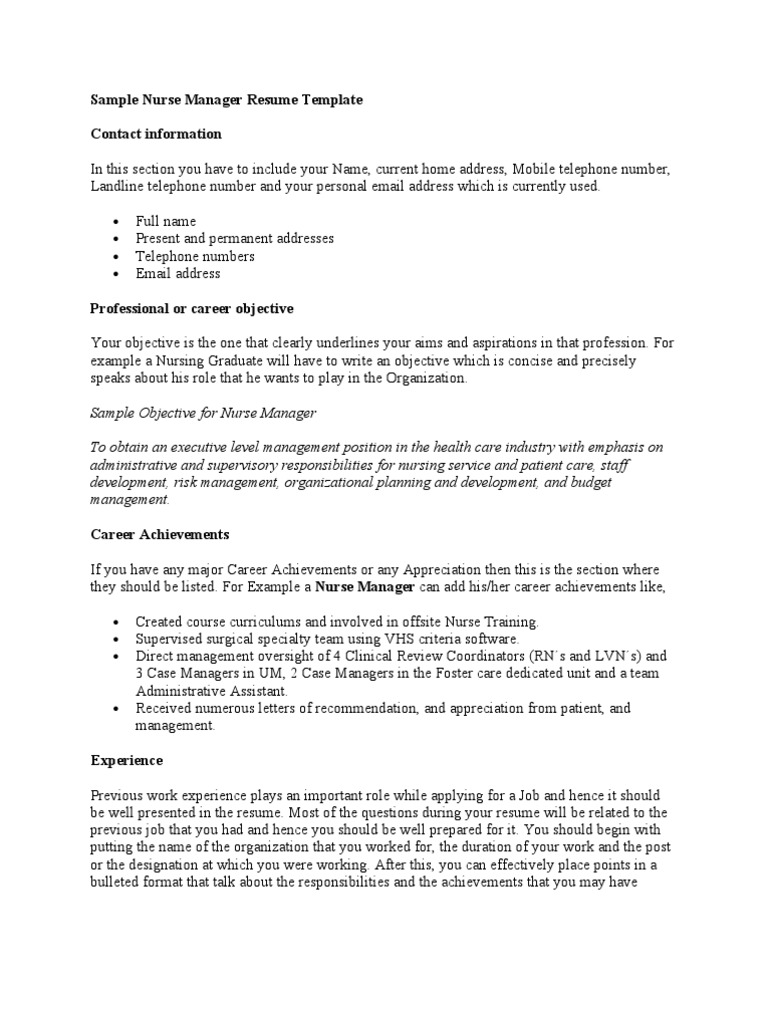 Nurse Manager Resume Template Guide | PDF | Nursing | Health Policy