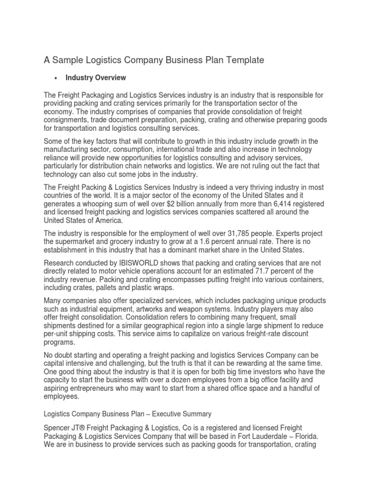 A Sample Logistics Company Business Plan Template | PDF | Logistics | Cargo