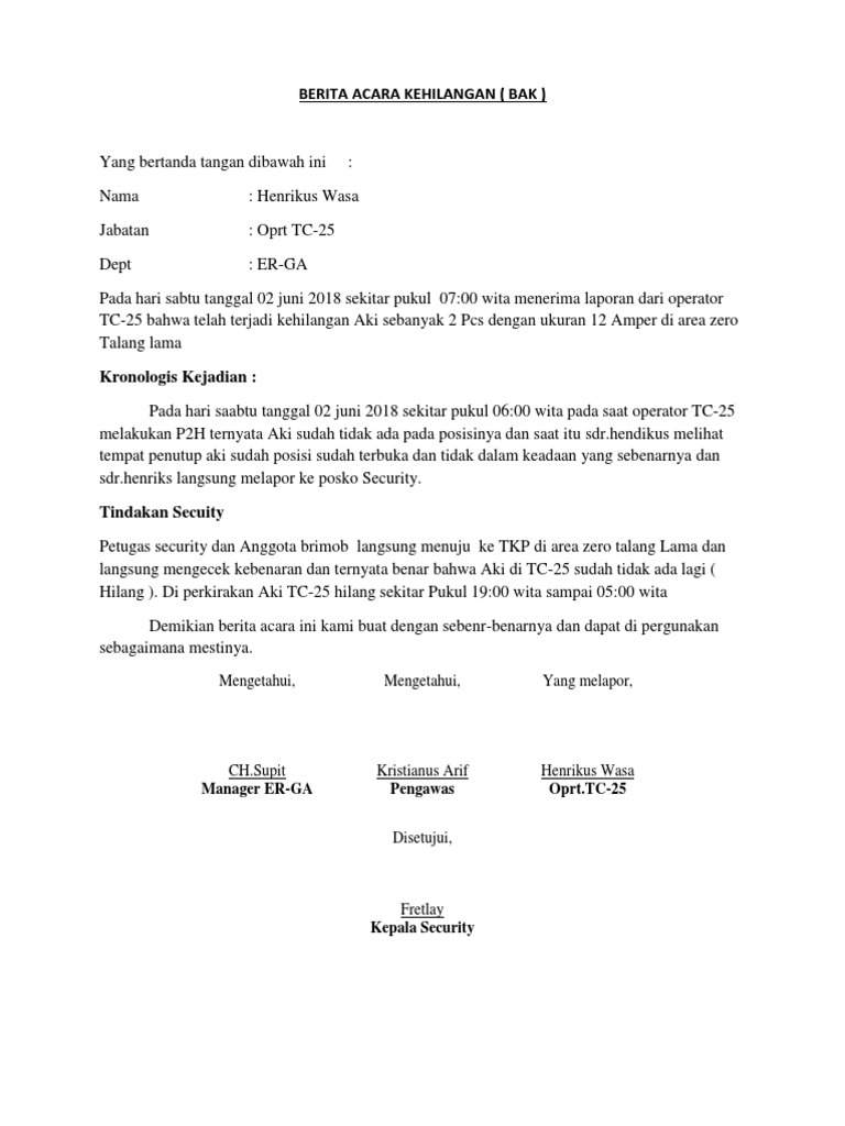 Contoh Berita Acara Kehilangan Surat Jalan Kumpulan Contoh Surat - Riset