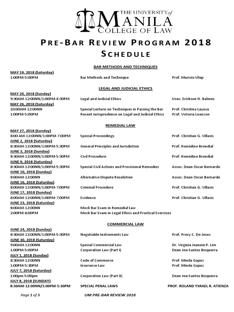 UM Pre-Bar Review Schedule 2018 | PDF | Taxes | Social Institutions