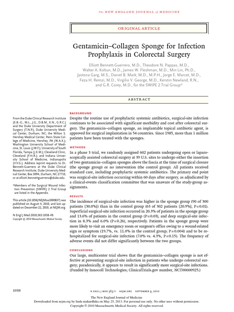 Gentamicin-Collagen Sponge For Infection Prophylaxis in Colorectal ...