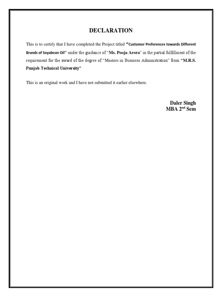 Declaration: This Is To Certify That I Have Completed The Project ...