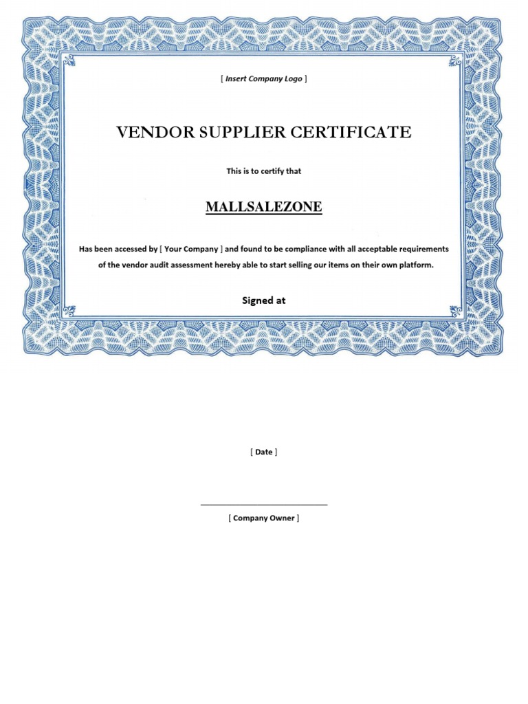 Vendor Supplier Certificate: Mallsalezone | PDF