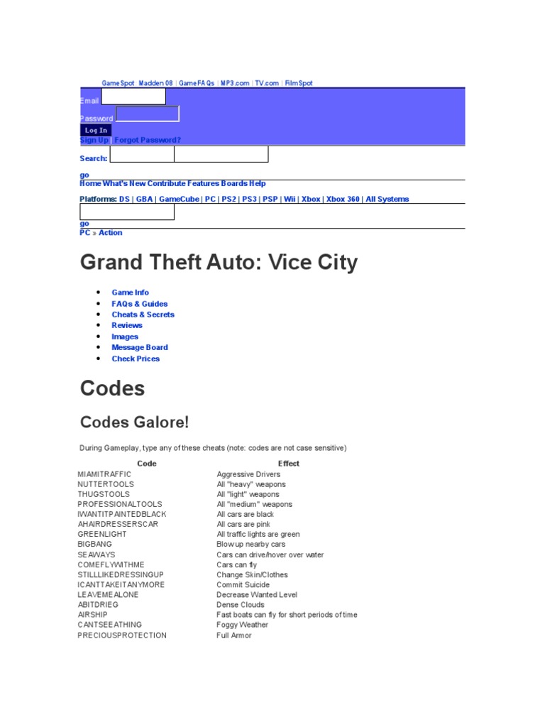 Grand Theft Auto: Vice City: Codes Galore! | PDF | Leisure | Sports