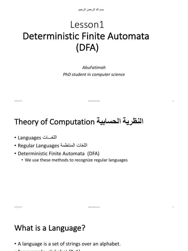 Deterministic Finite Automata (DFA) : Lesson1 | PDF | Regular Expression | Theory Of Computation