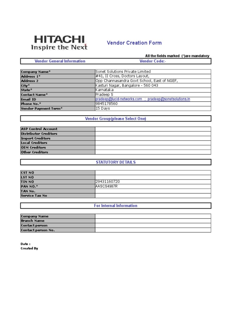Vendor Creation Form | PDF