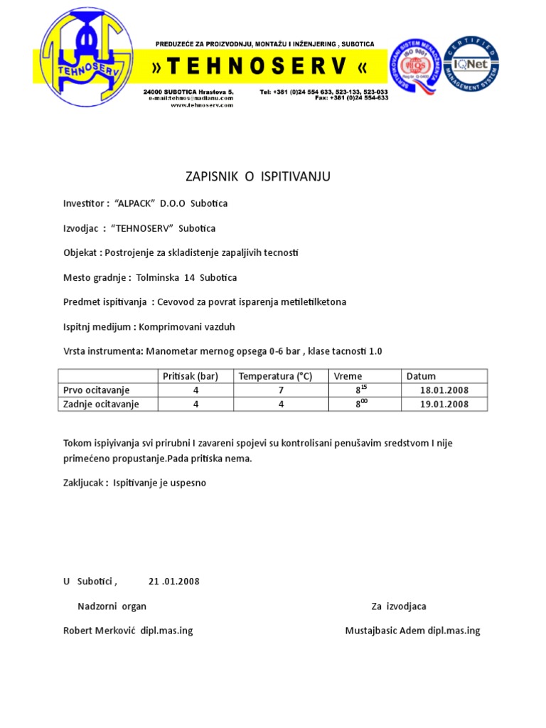 Zapisnik o Ispitivanju 15.08.2008 | PDF