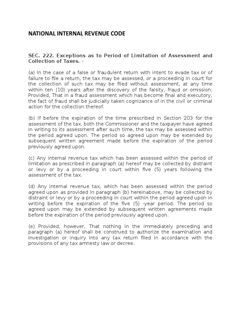 National Internal Revenue Code: SEC. 222. Exceptions As To Period of ...