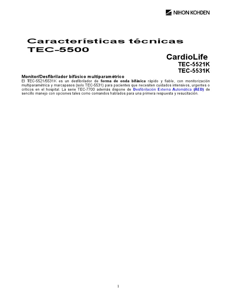 Desfibriladores TEC-5500: Características y Especificaciones | PDF ...