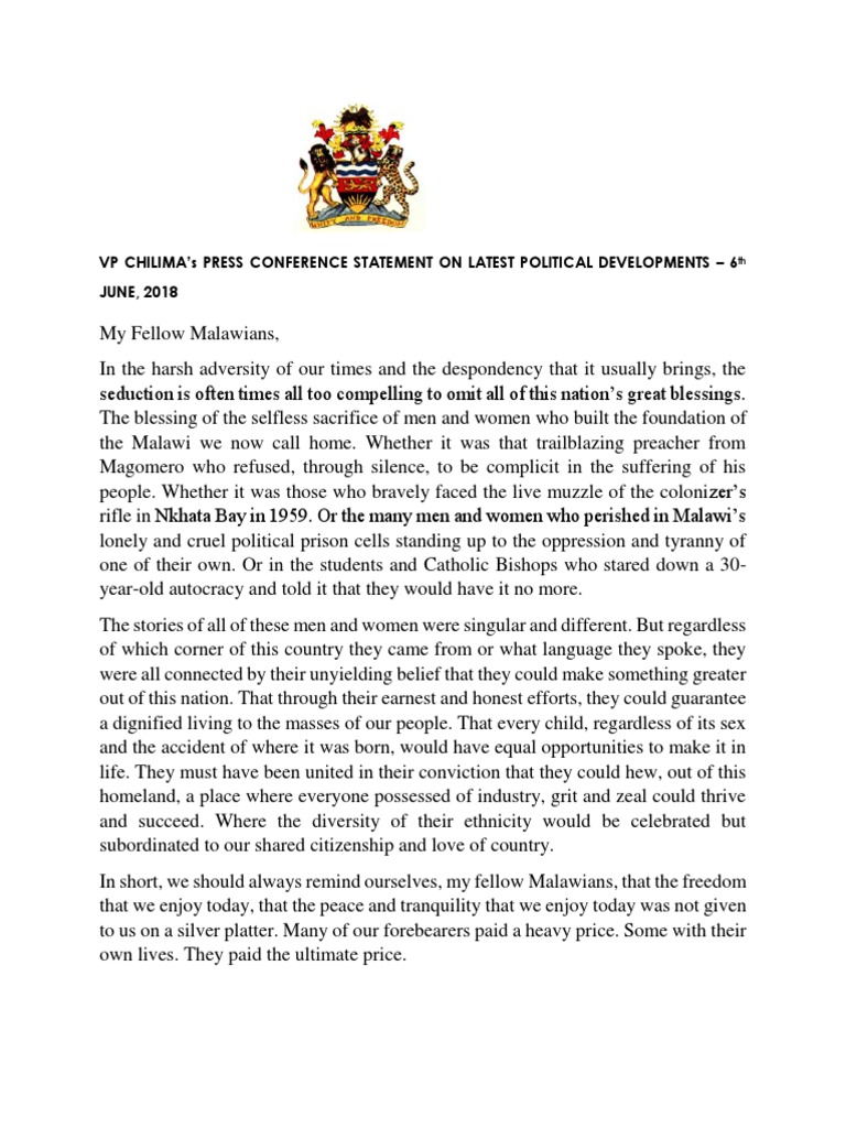 VP CHILIMA's PRESS CONFERENCE STATEMENT ON LATEST POLITICAL ...