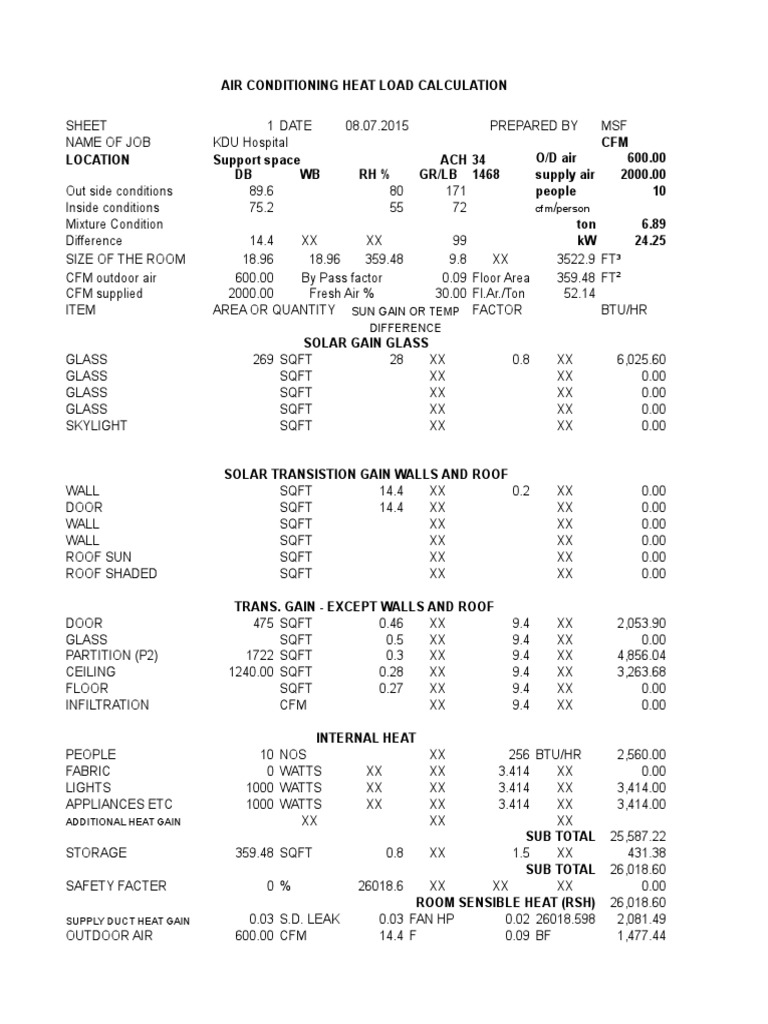 Air conditioning heat load calculation sheet | PDF | Architectural ...