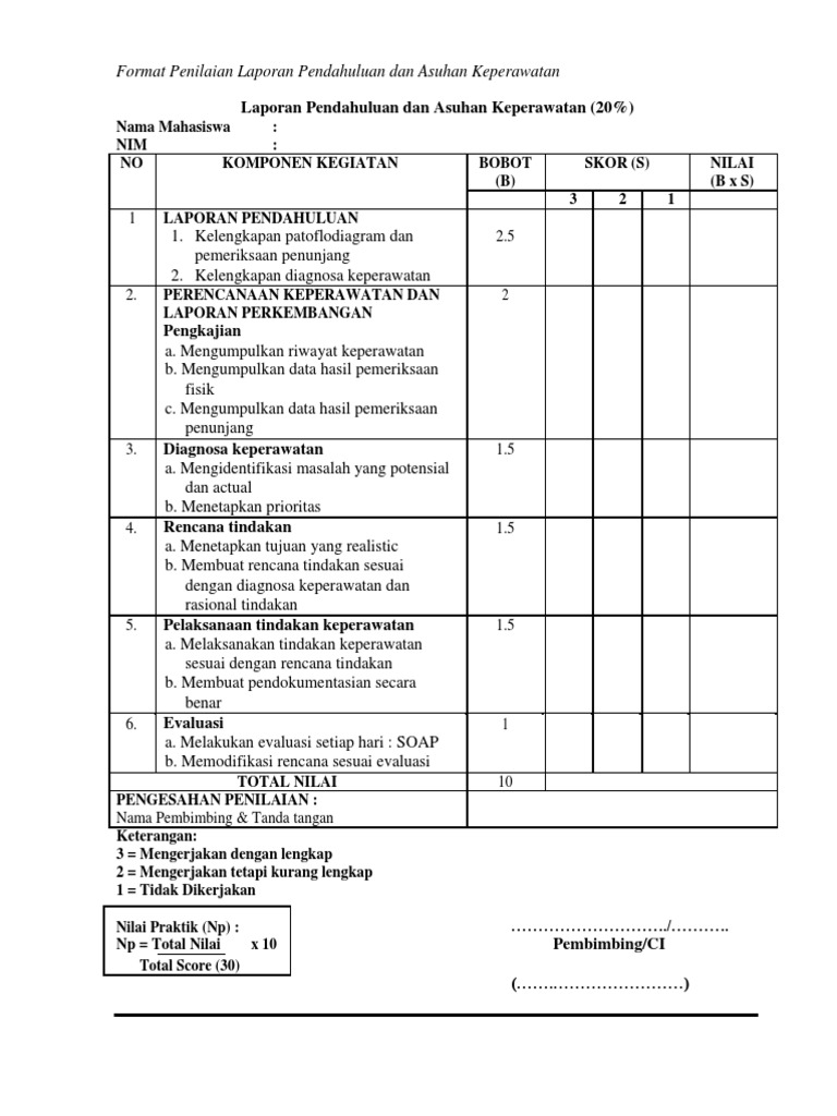 Format Penilaian Laporan Pendahuluan Dan Asuhan Keperawatan | PDF