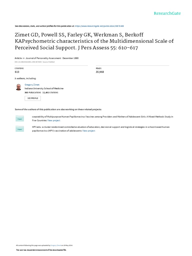Zimet Et Al MSPSS 2 J Person Assess 1990 | PDF