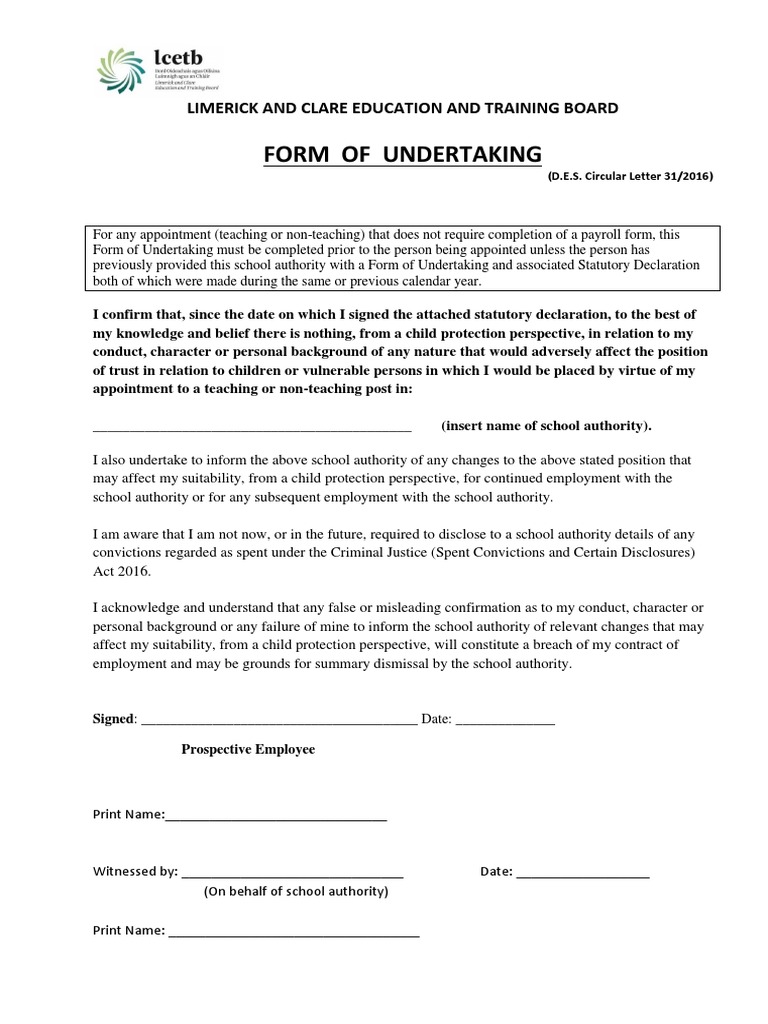 Form of Undertaking DESCL31 2016