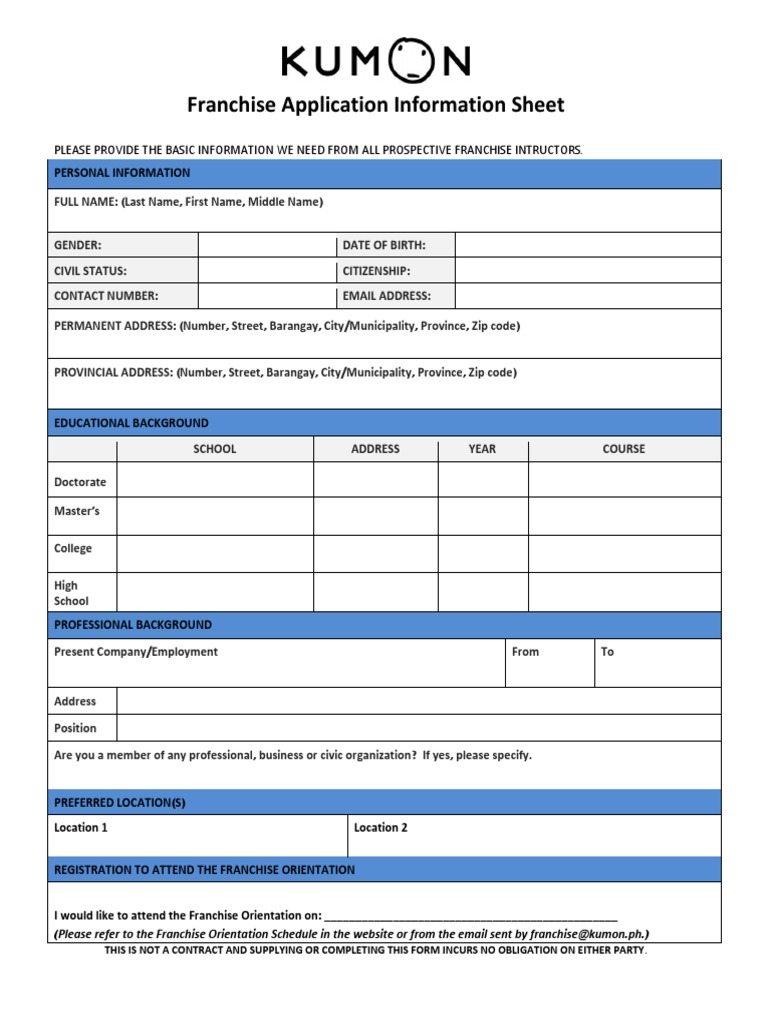 Franchise Application - Information Sheet | PDF