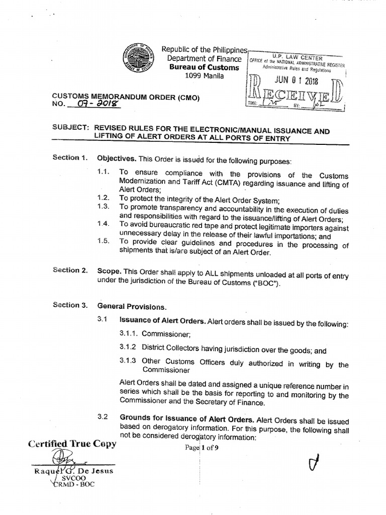 Bureau of Customs Memorandum Order 07-2018 Revised Rules For The Electronic Manual Issuance | PDF