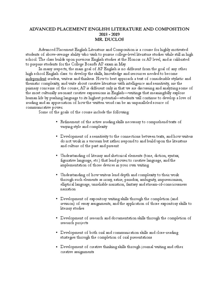 Ap Eng Lit Syllabus | PDF | Advanced Placement | Test (Assessment)