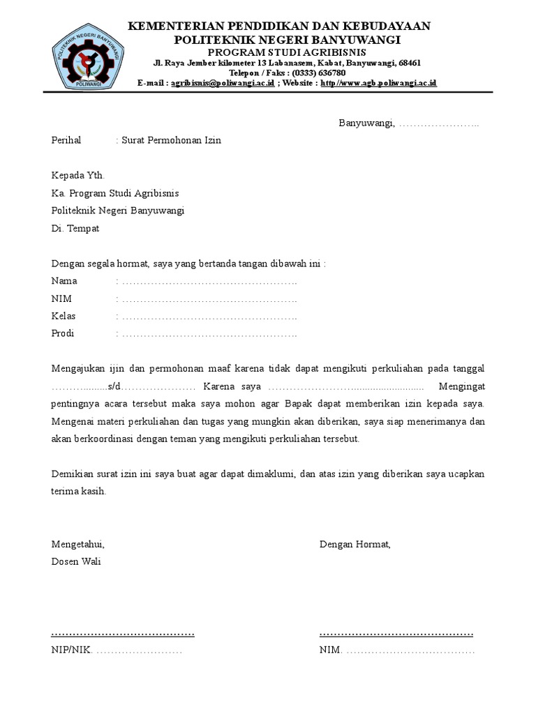 Surat Izin Tidak Mengikuti Perkuliahan | PDF