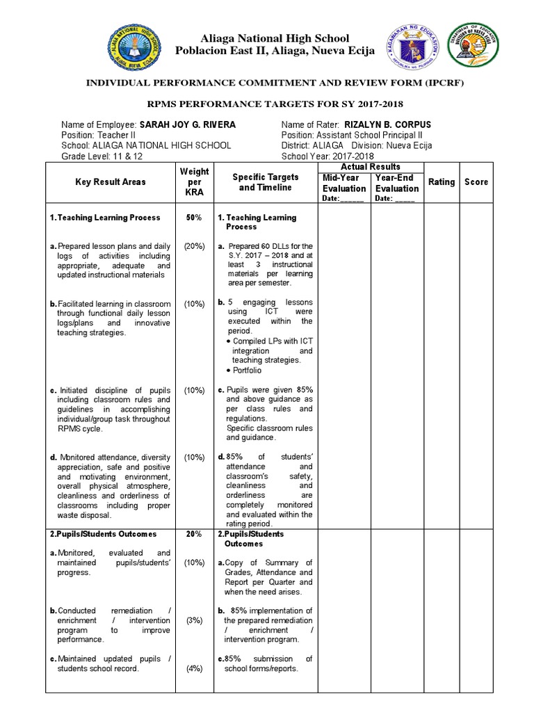 Revised OPCRF-IPCRF RPMS | PDF | Grading (Education) | Educational Technology