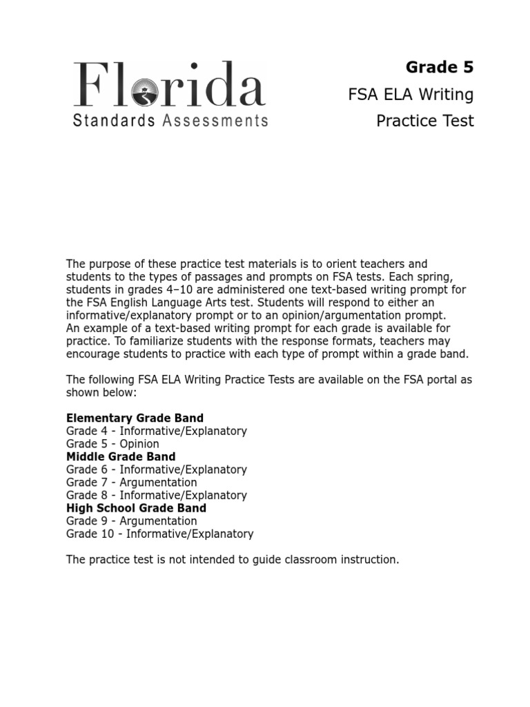 Fsa 5w Practice-Test Approved | PDF | Teachers | Classroom
