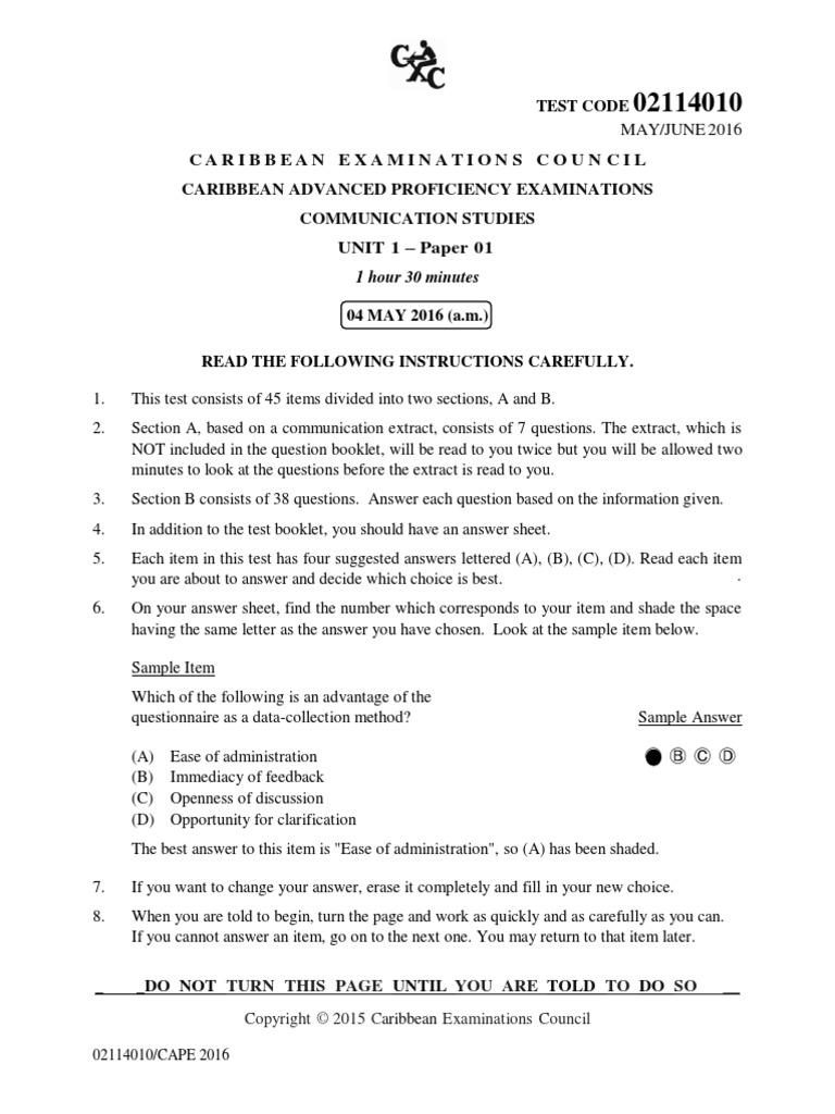 CAPE | Download Free PDF | English Language | Questionnaire