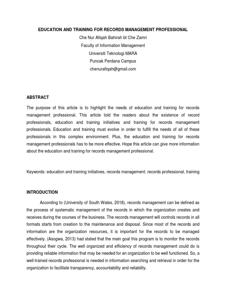 Training Needs for Records Management Professionals | PDF | Records ...