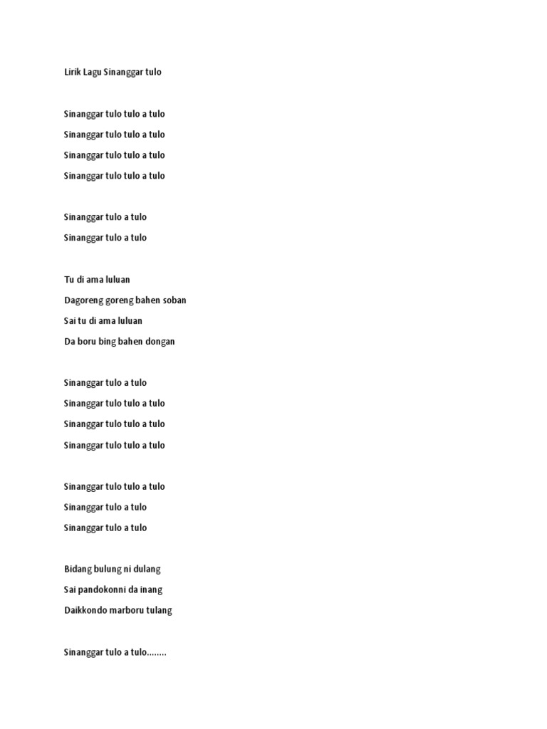 Lirik Lagu Sinanggar Tulo | PDF
